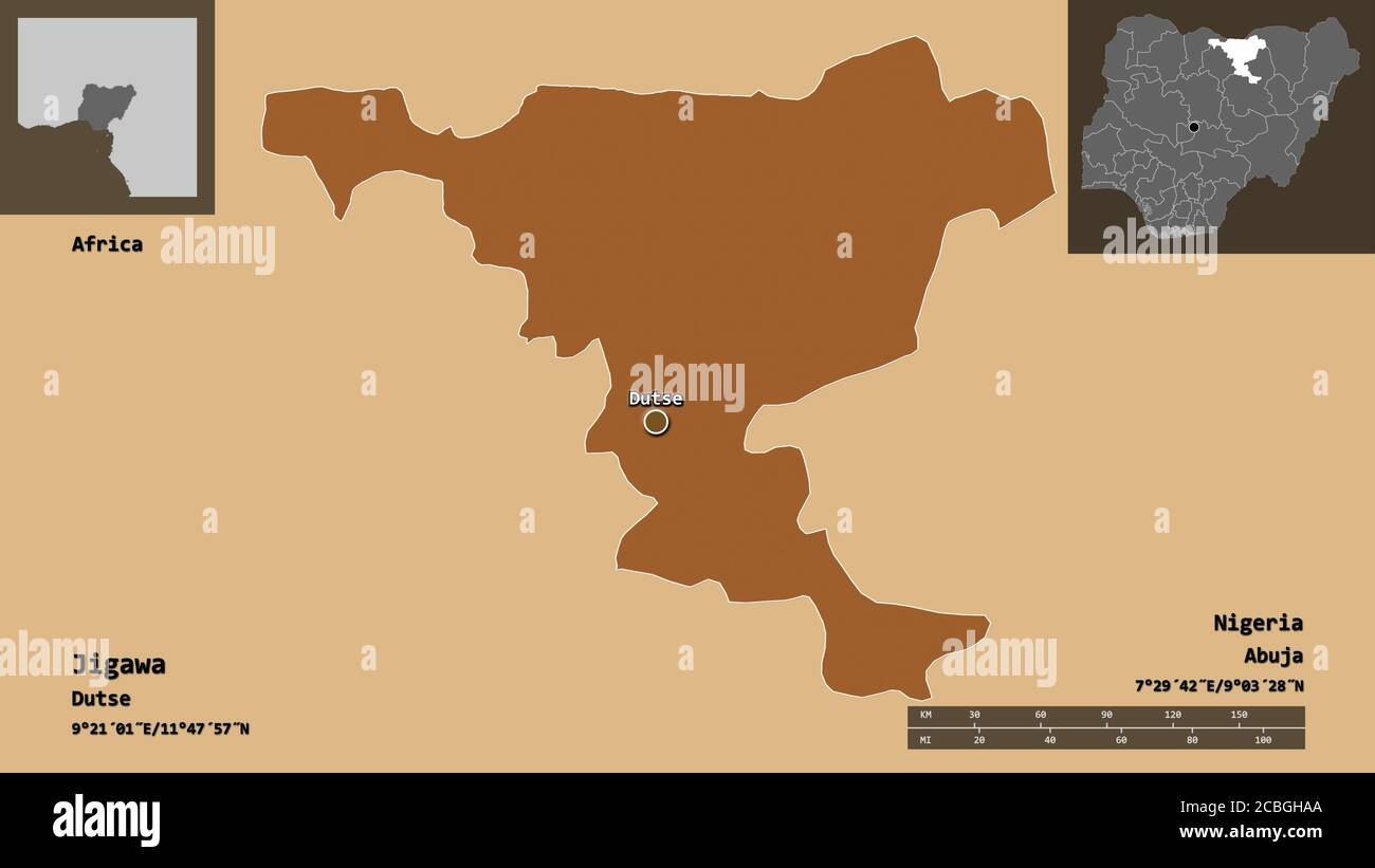 Shape of Jigawa, state of Nigeria, and its capital. Distance scale ...