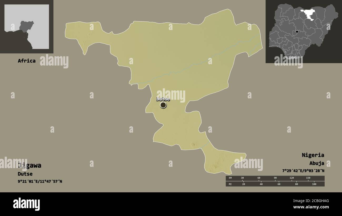 Shape of Jigawa, state of Nigeria, and its capital. Distance scale ...