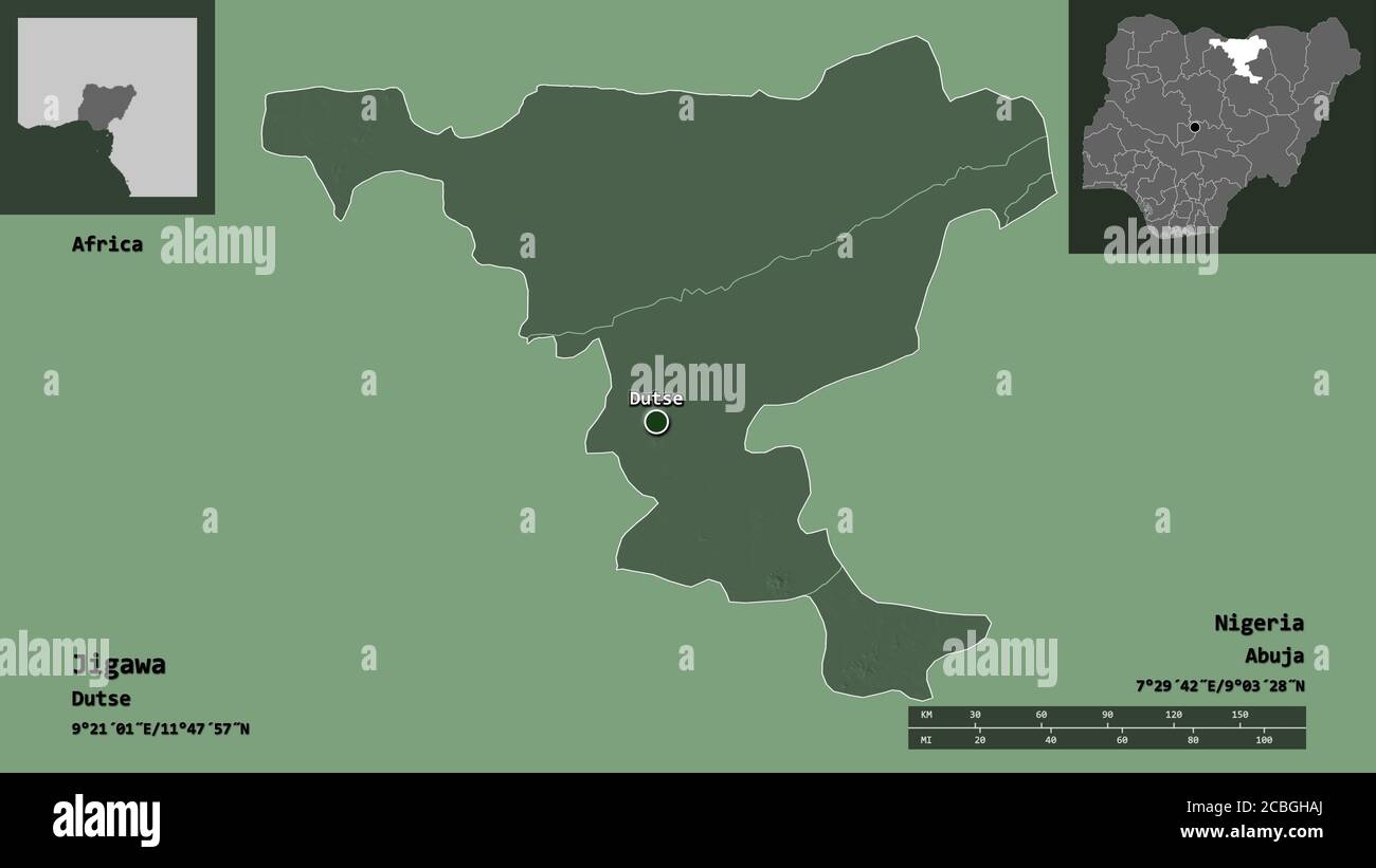 Shape of Jigawa, state of Nigeria, and its capital. Distance scale ...