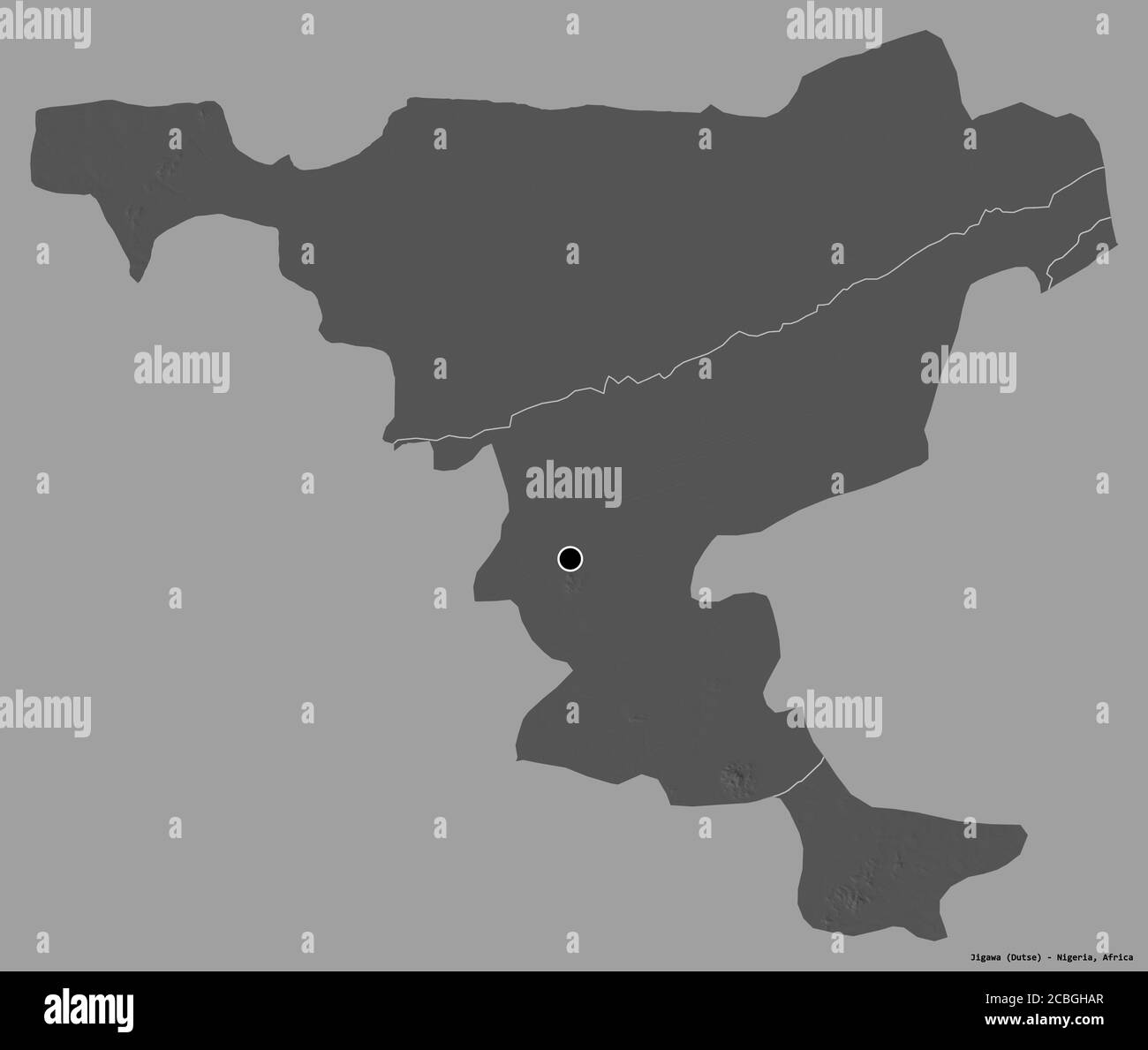 Shape of Jigawa, state of Nigeria, with its capital isolated on a solid ...