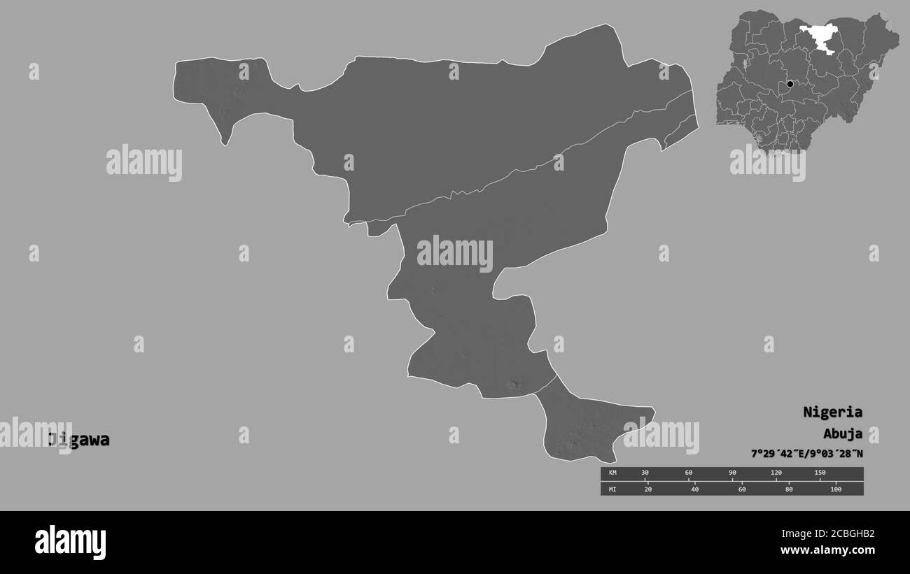 Shape of Jigawa, state of Nigeria, with its capital isolated on solid ...