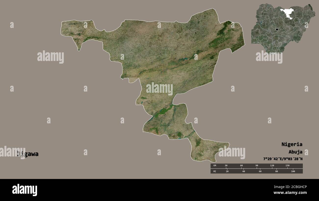 Shape of Jigawa, state of Nigeria, with its capital isolated on solid ...