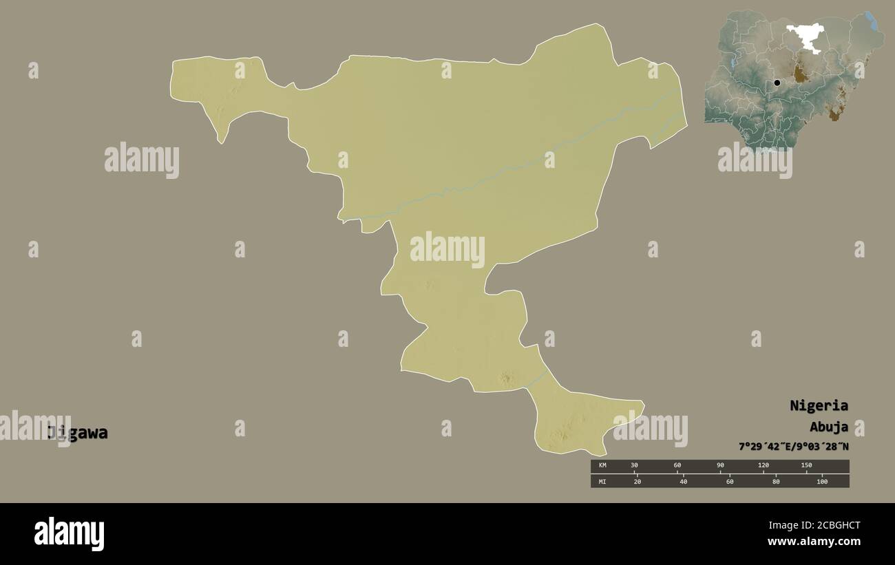 Shape of Jigawa, state of Nigeria, with its capital isolated on solid ...