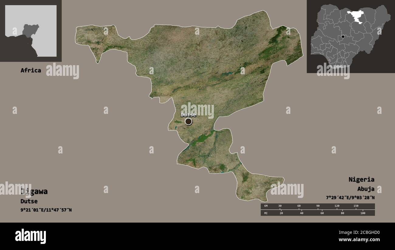 Shape of Jigawa, state of Nigeria, and its capital. Distance scale ...