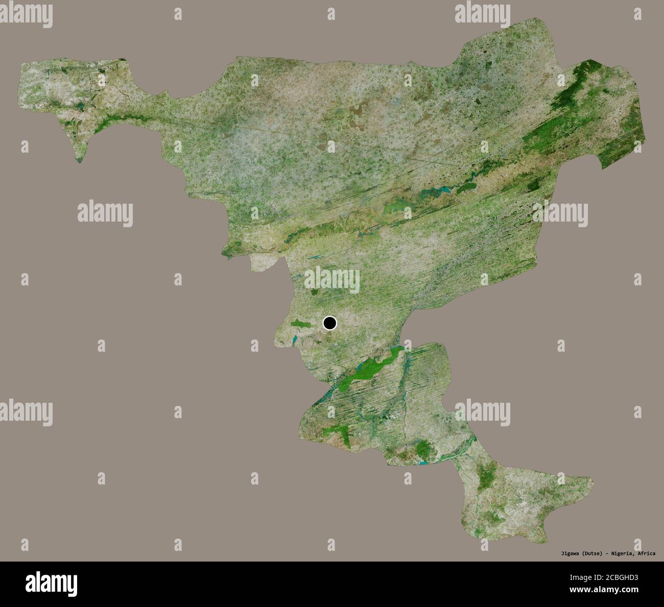 Shape of Jigawa, state of Nigeria, with its capital isolated on a solid ...