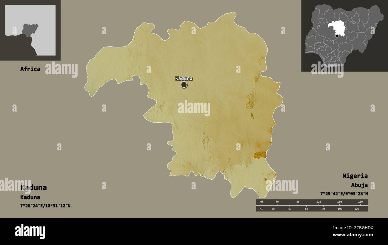 Shape of Kaduna, state of Nigeria, and its capital. Distance scale ...