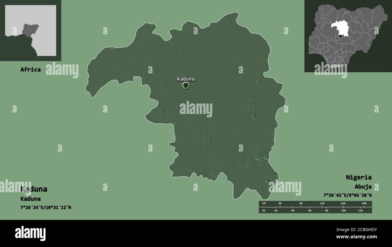 Shape of Kaduna, state of Nigeria, and its capital. Distance scale ...
