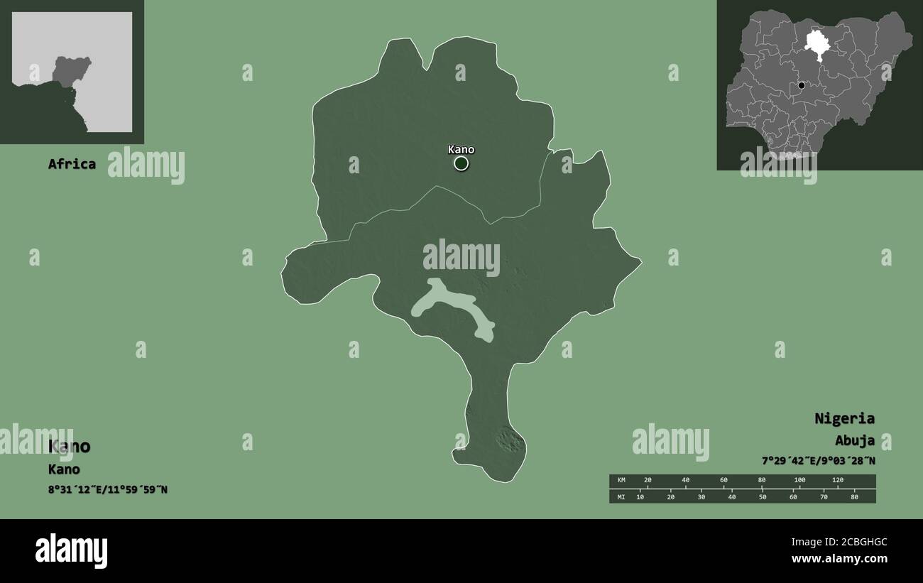 Shape of Kano, state of Nigeria, and its capital. Distance scale ...