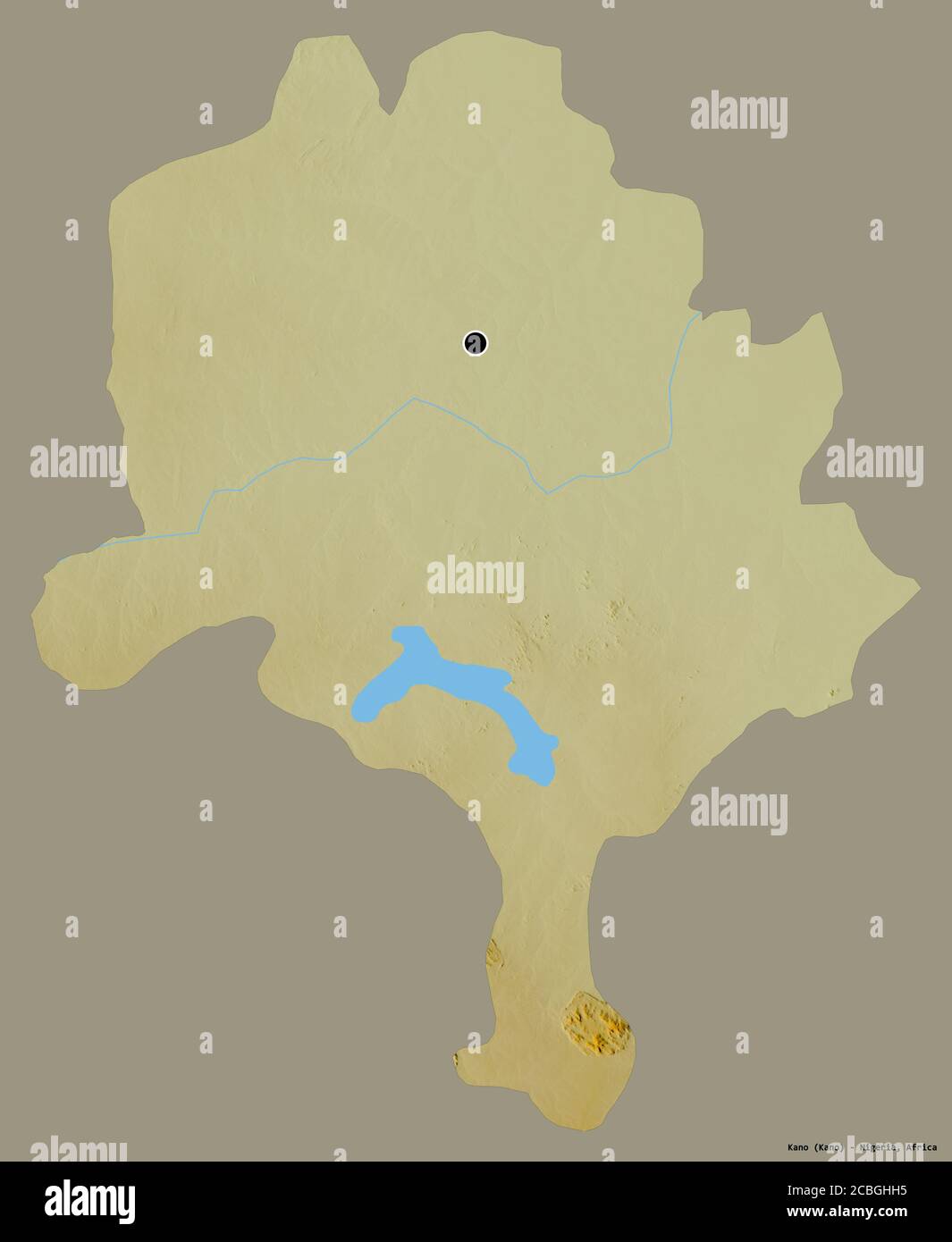 Shape of Kano, state of Nigeria, with its capital isolated on a solid ...