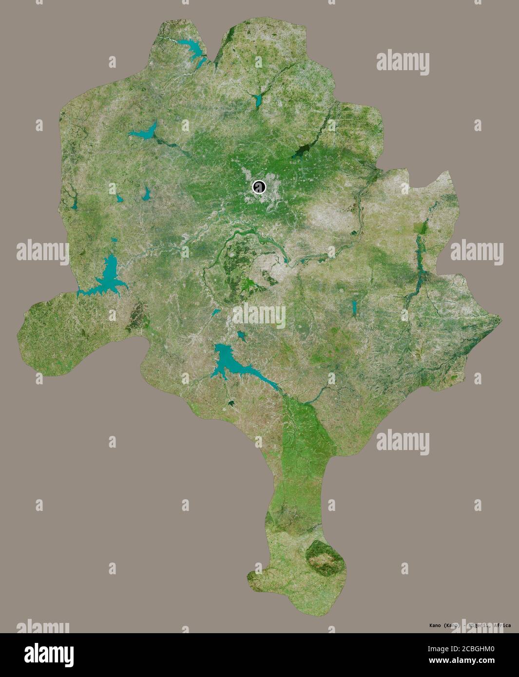 Shape of Kano, state of Nigeria, with its capital isolated on a solid ...