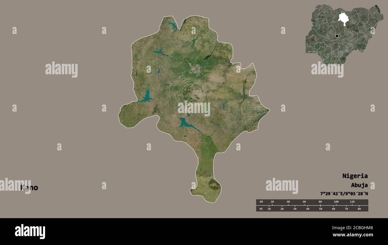 Shape of Kano, state of Nigeria, with its capital isolated on solid ...