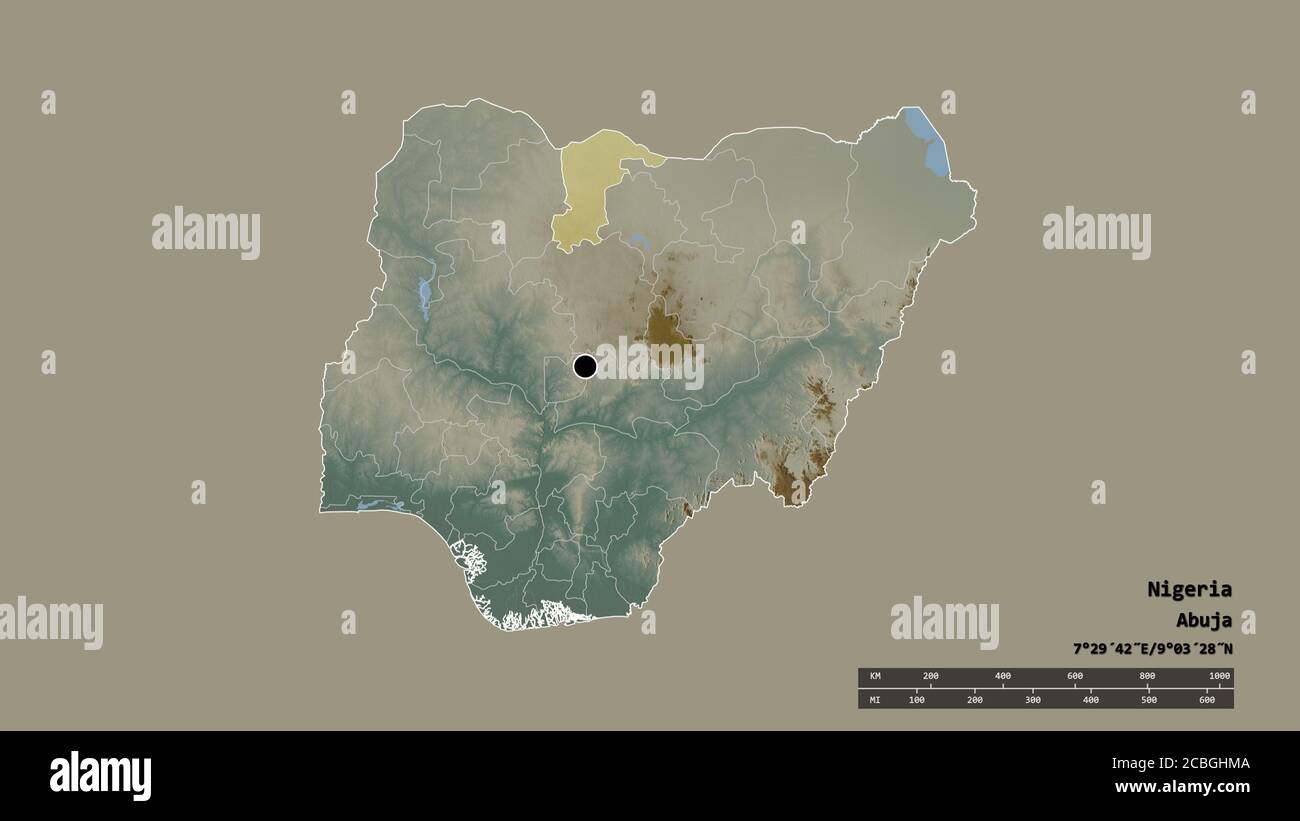 Desaturated shape of Nigeria with its capital, main regional division ...