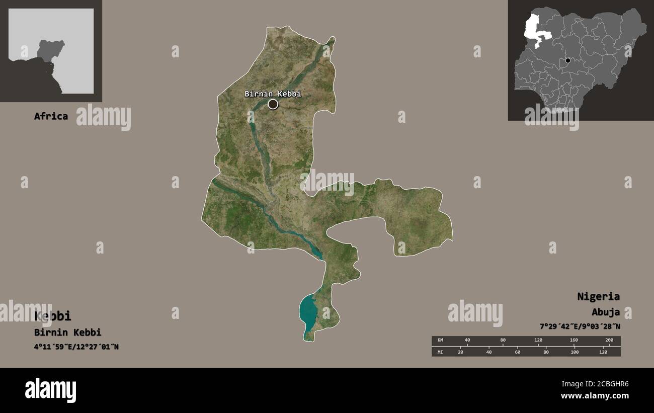 Shape of Kebbi, state of Nigeria, and its capital. Distance scale ...
