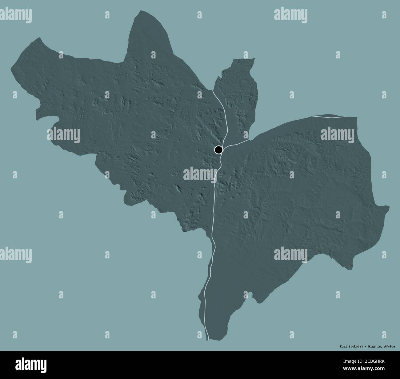 Shape of Kogi, state of Nigeria, with its capital isolated on a solid ...
