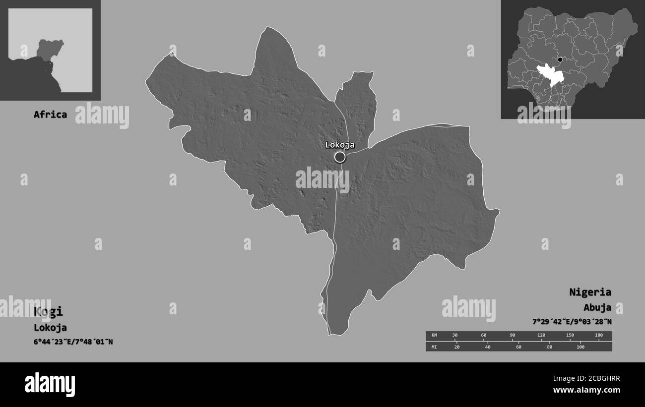 Shape of Kogi, state of Nigeria, and its capital. Distance scale ...