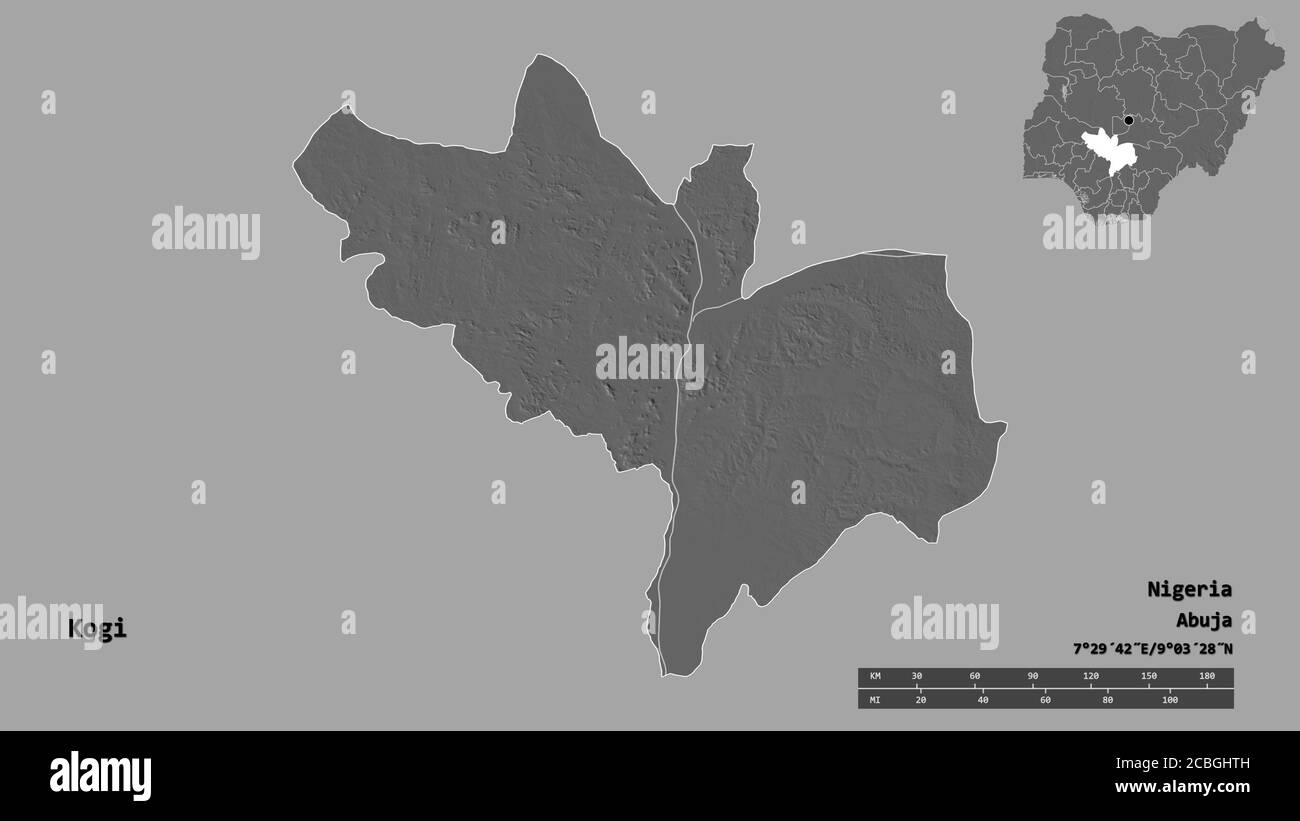 Shape of Kogi, state of Nigeria, with its capital isolated on solid ...