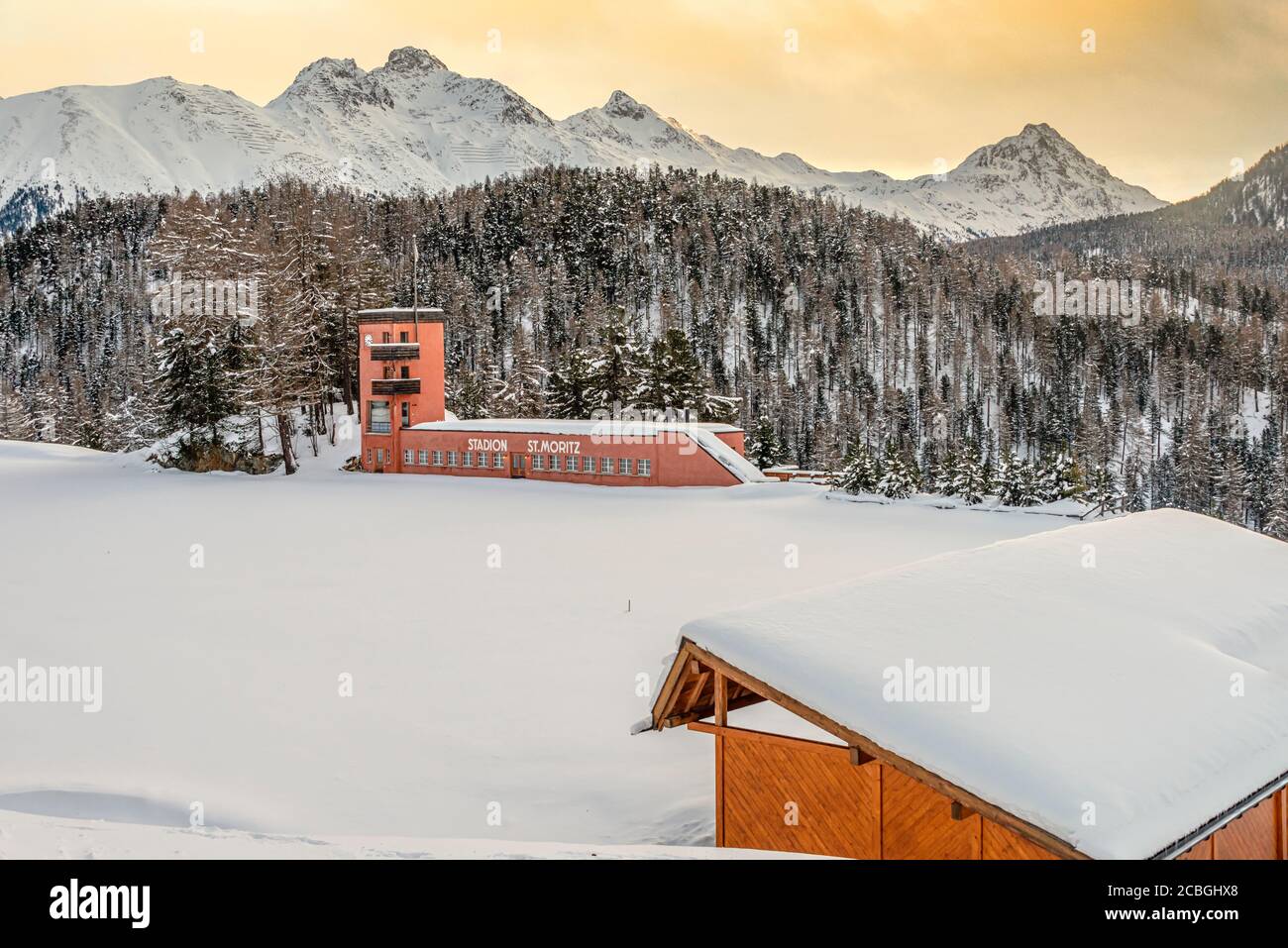 St.Moritz Olympic Ice Rink stadium, Grisons, Switzerland, in winter ...