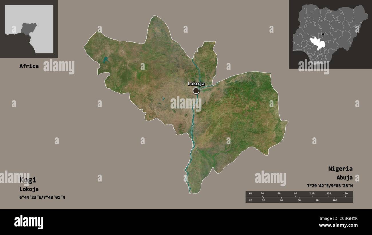 Shape of Kogi, state of Nigeria, and its capital. Distance scale ...