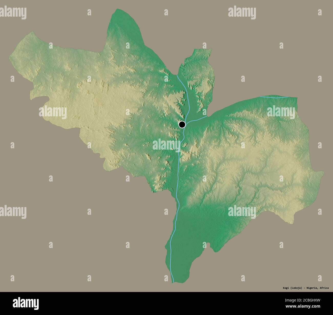 Shape of Kogi, state of Nigeria, with its capital isolated on a solid ...