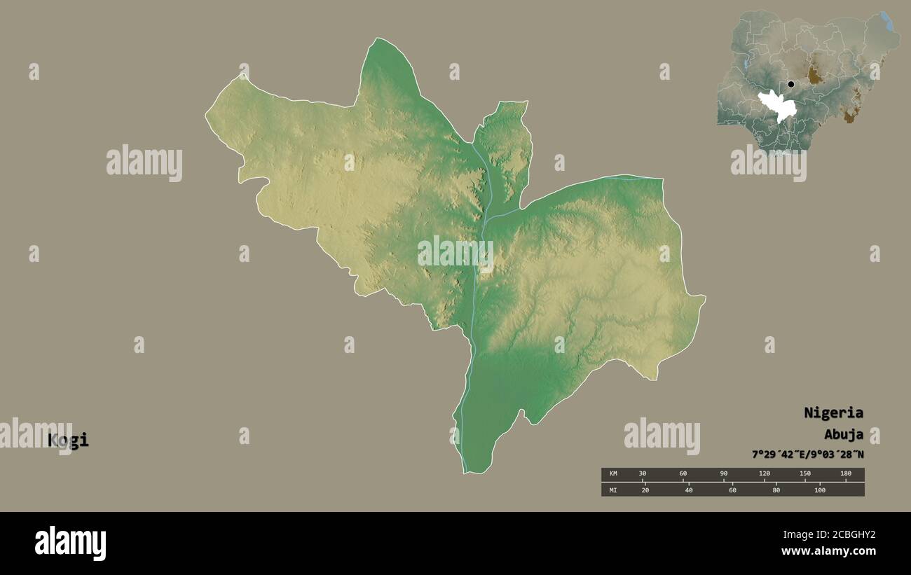Shape of Kogi, state of Nigeria, with its capital isolated on solid ...