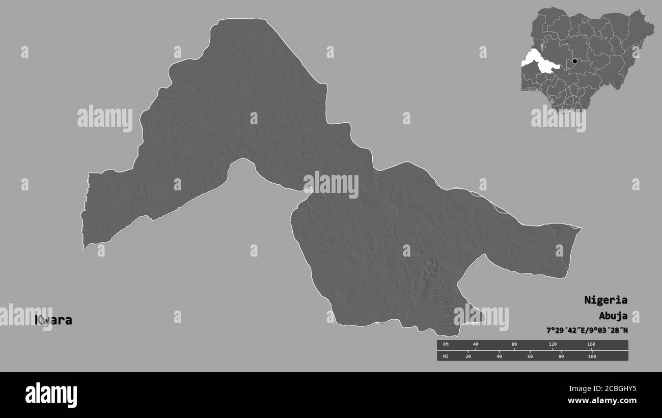 Shape of Kwara, state of Nigeria, with its capital isolated on solid ...