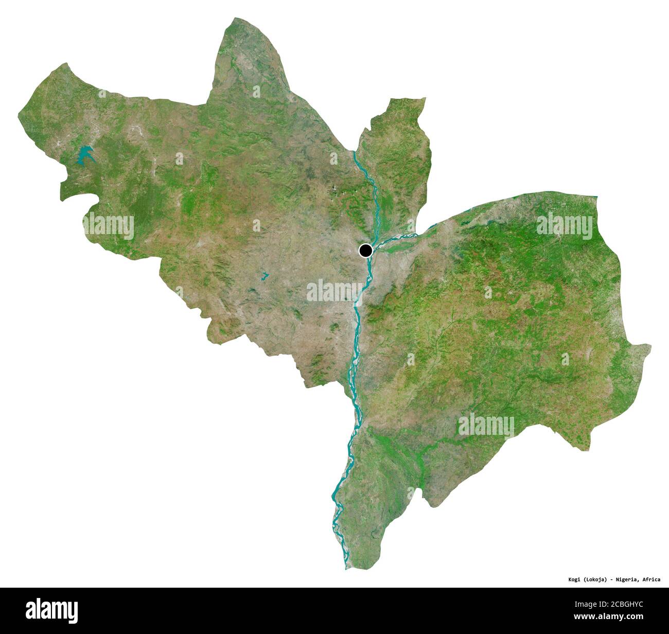 Shape of Kogi, state of Nigeria, with its capital isolated on white ...