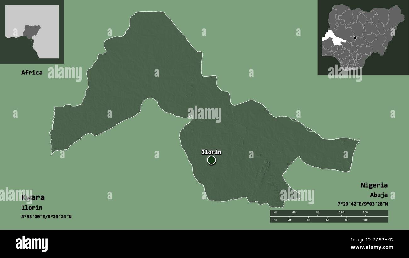 Shape of Kwara, state of Nigeria, and its capital. Distance scale ...