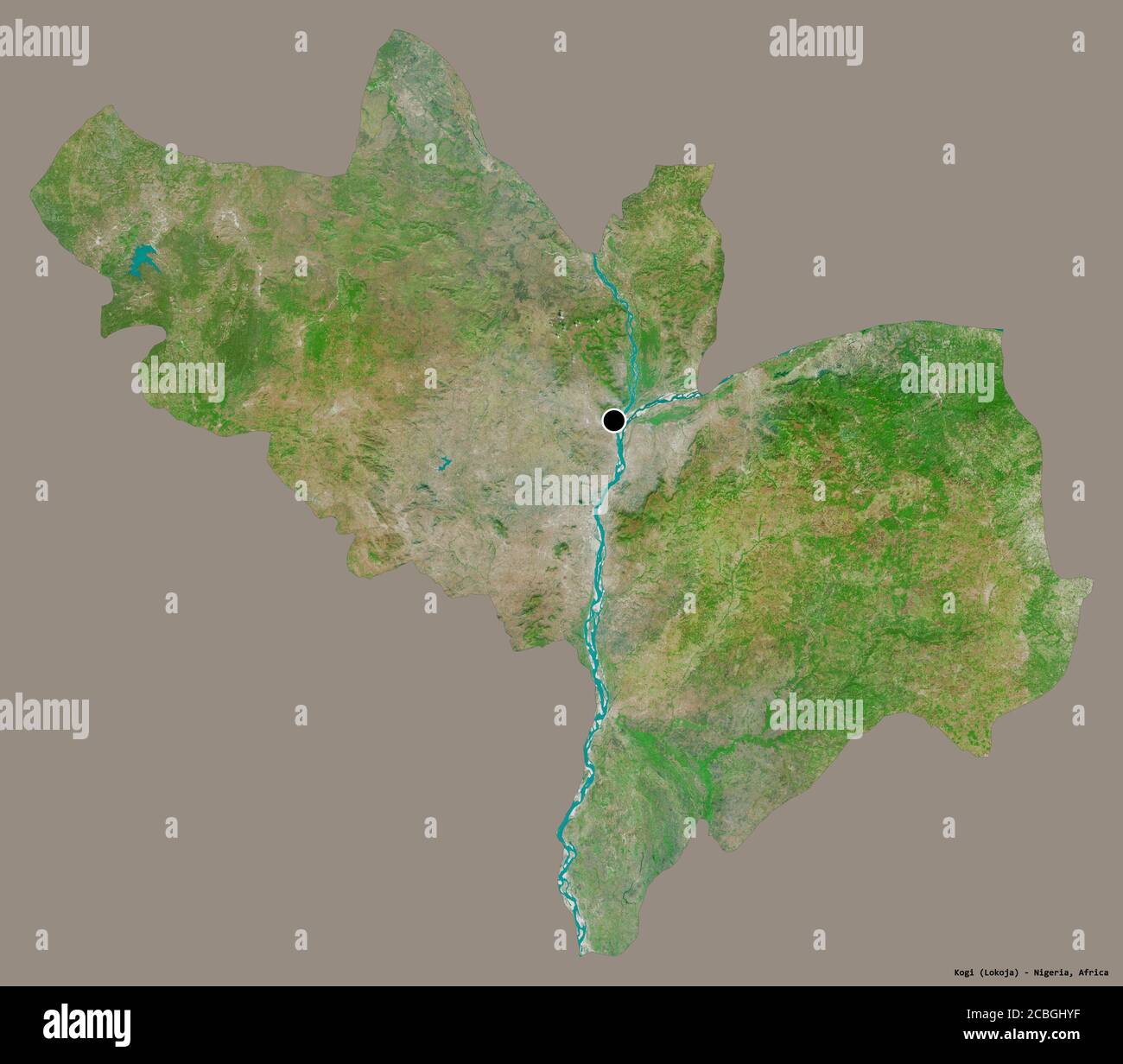 Shape of Kogi, state of Nigeria, with its capital isolated on a solid ...