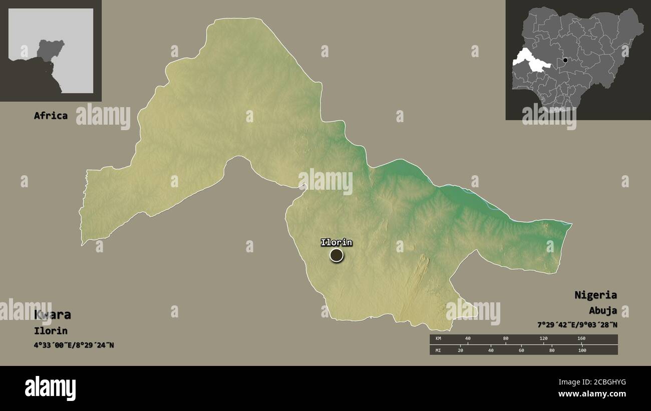 Shape of Kwara, state of Nigeria, and its capital. Distance scale ...