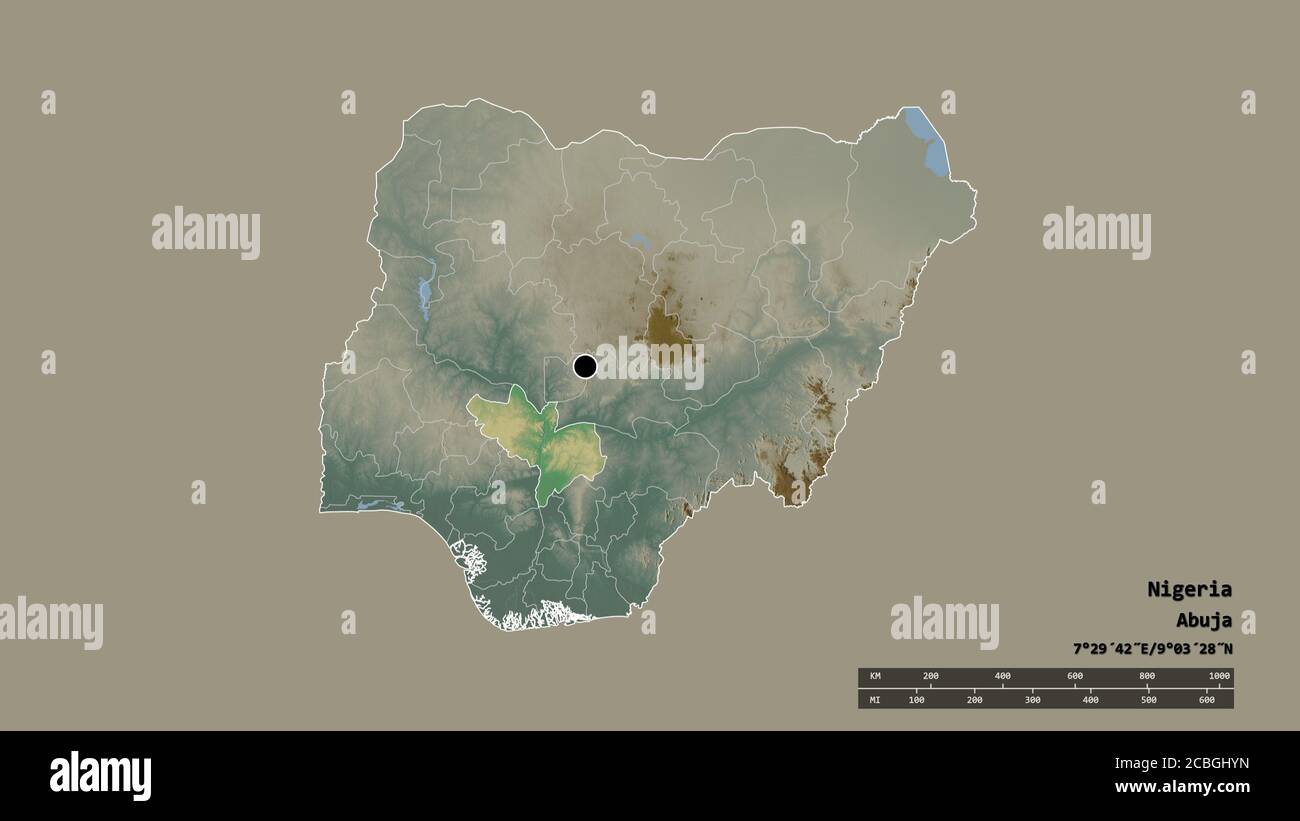 Desaturated shape of Nigeria with its capital, main regional division ...