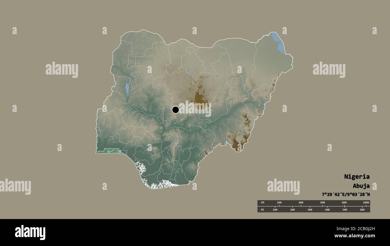 Desaturated shape of Nigeria with its capital, main regional division ...