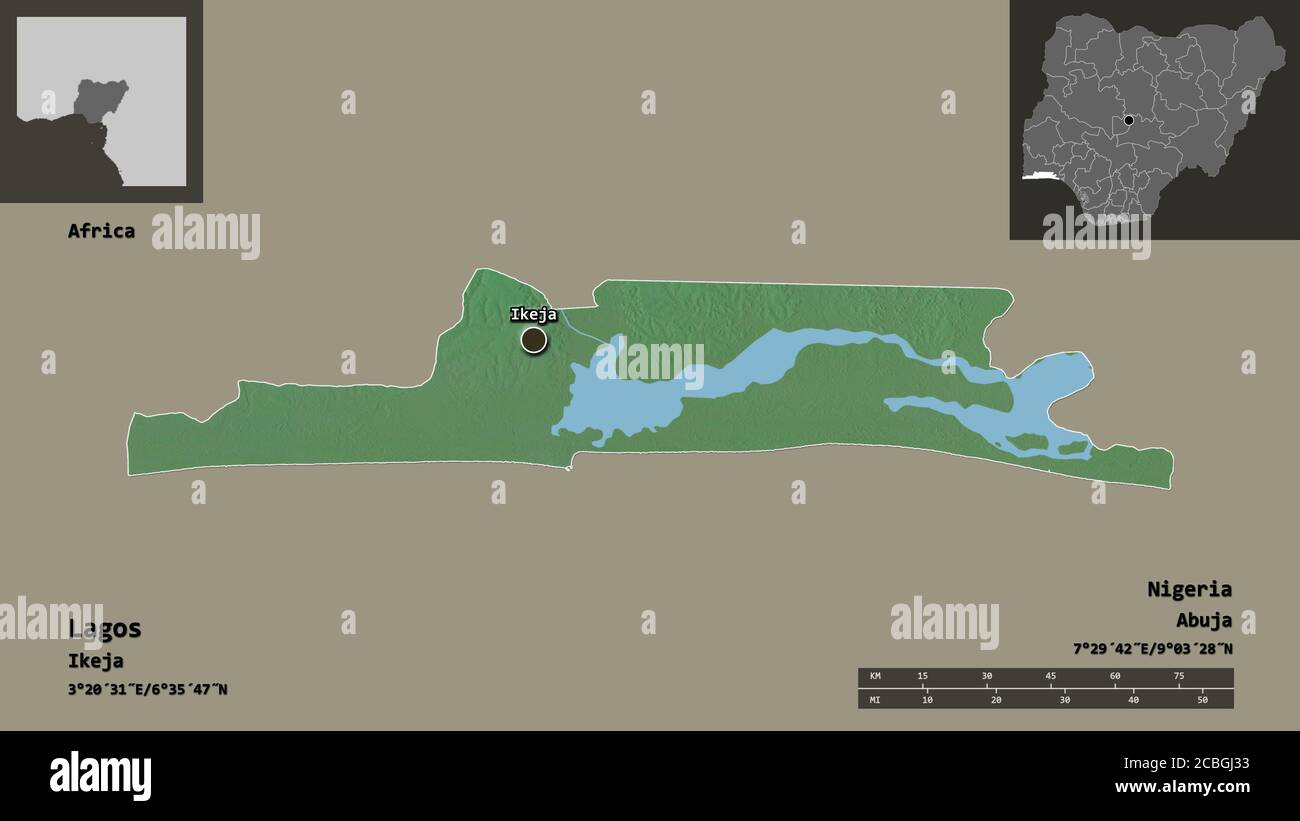 Shape of Lagos, state of Nigeria, and its capital. Distance scale ...
