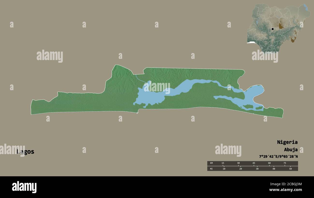 Shape of Lagos, state of Nigeria, with its capital isolated on solid ...