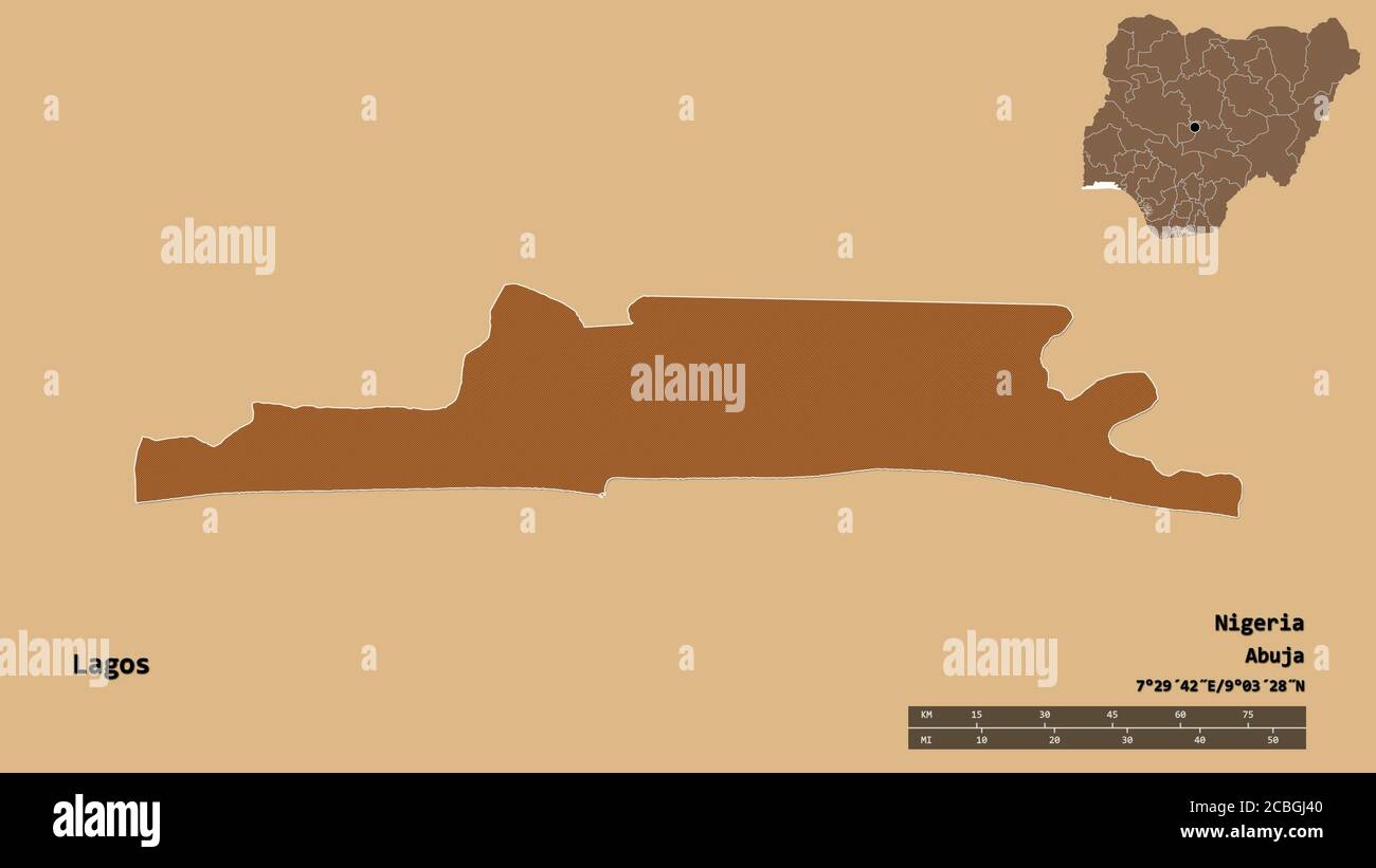 Shape of Lagos, state of Nigeria, with its capital isolated on solid ...