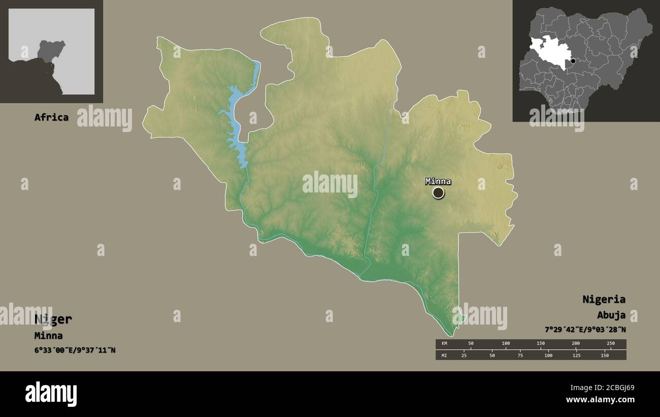 Shape of Niger, state of Nigeria, and its capital. Distance scale ...