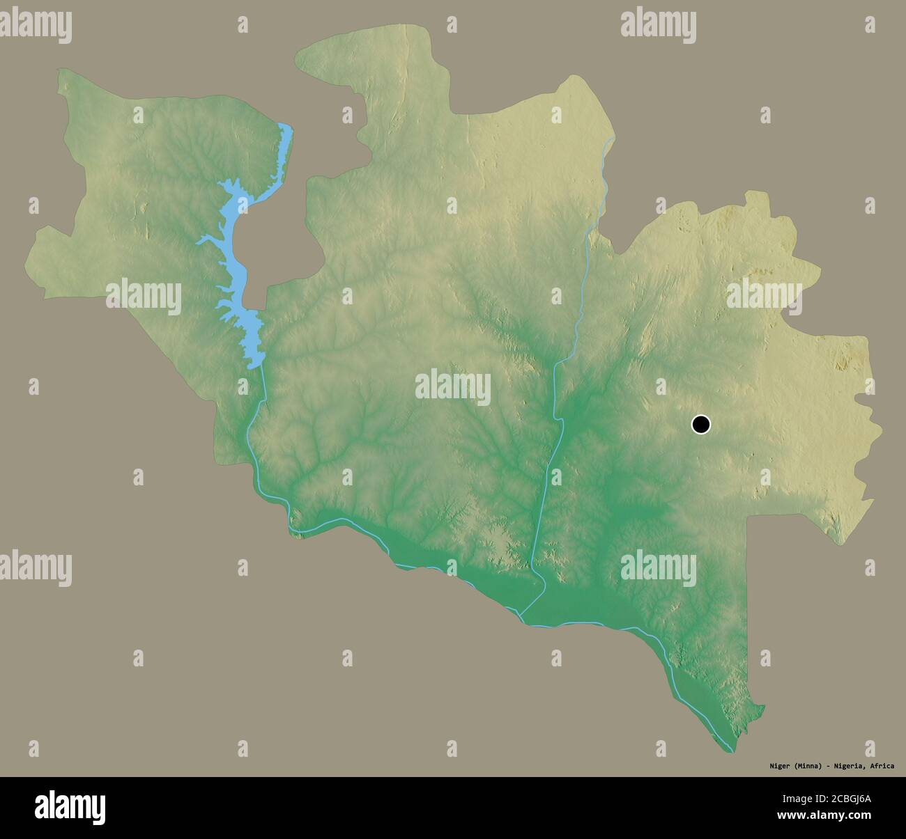 Shape of Niger, state of Nigeria, with its capital isolated on a solid ...
