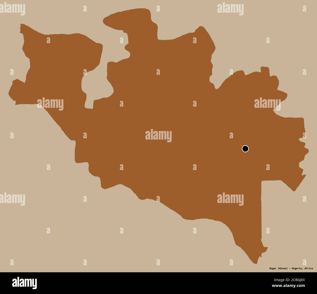 Shape of Niger, state of Nigeria, with its capital isolated on a solid ...