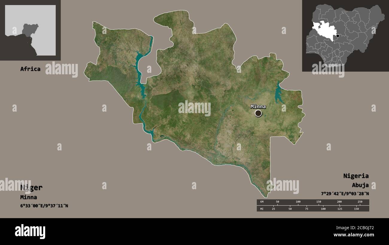 Shape of Niger, state of Nigeria, and its capital. Distance scale ...