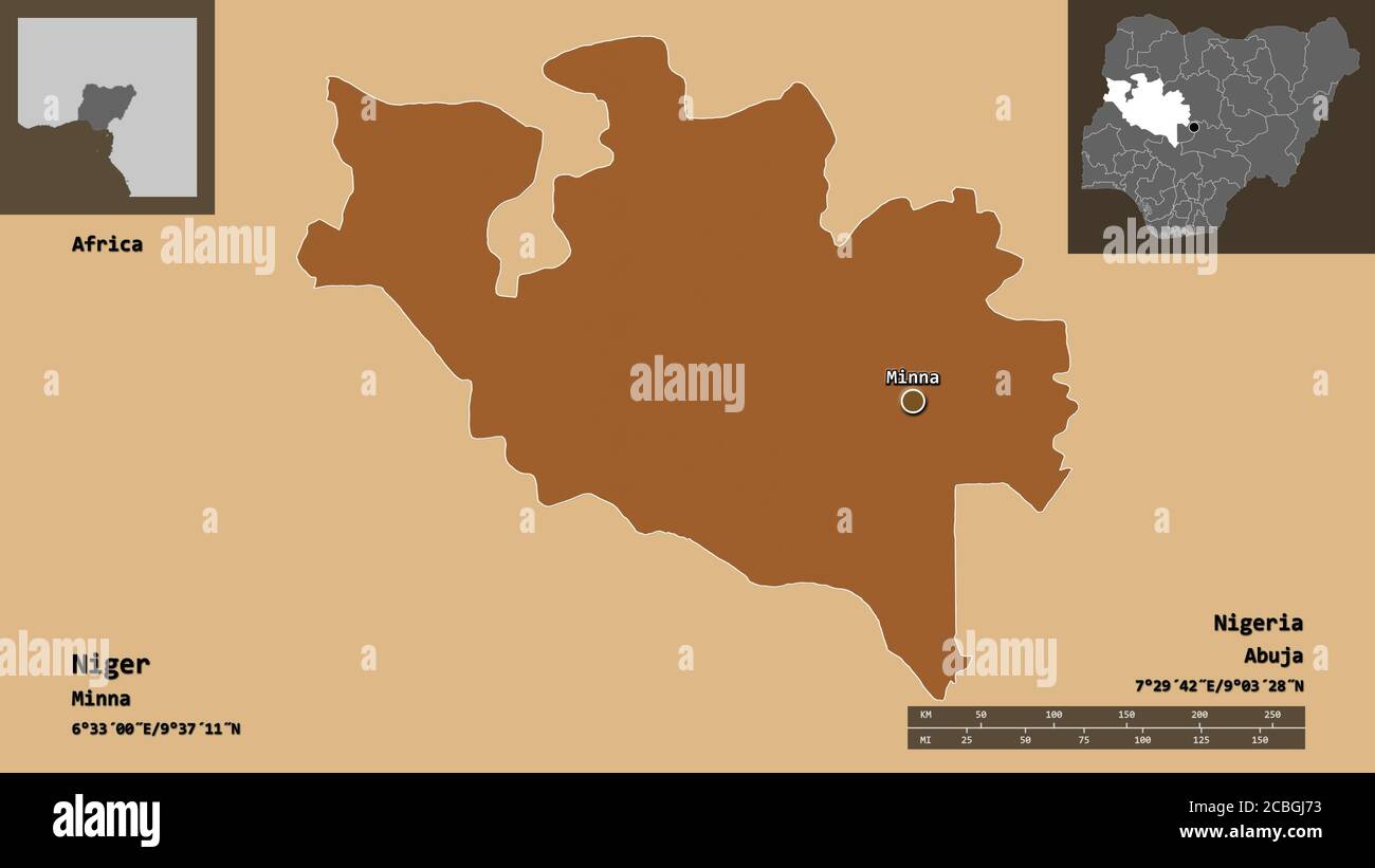 Shape of Niger, state of Nigeria, and its capital. Distance scale ...