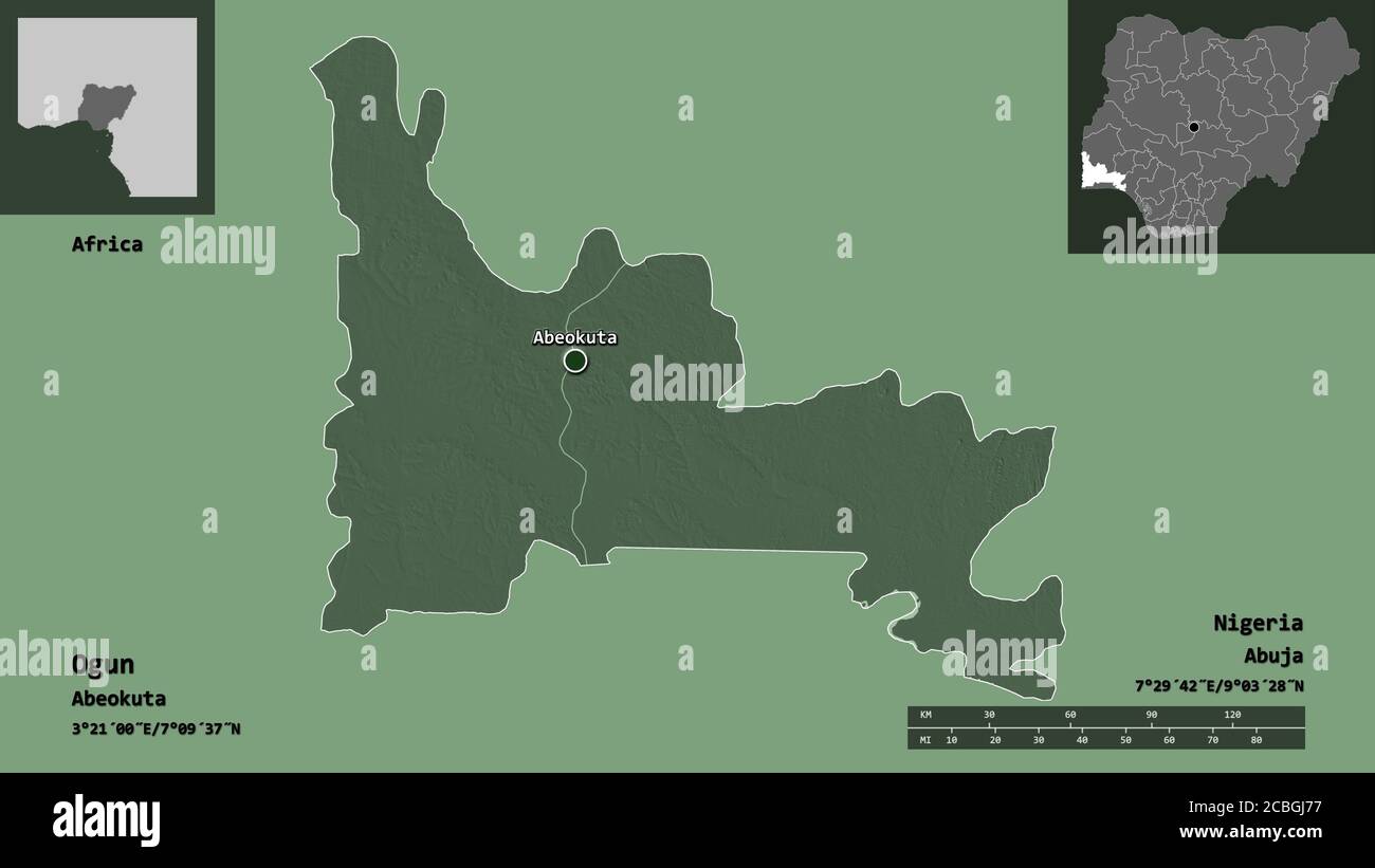 Shape of Ogun, state of Nigeria, and its capital. Distance scale ...