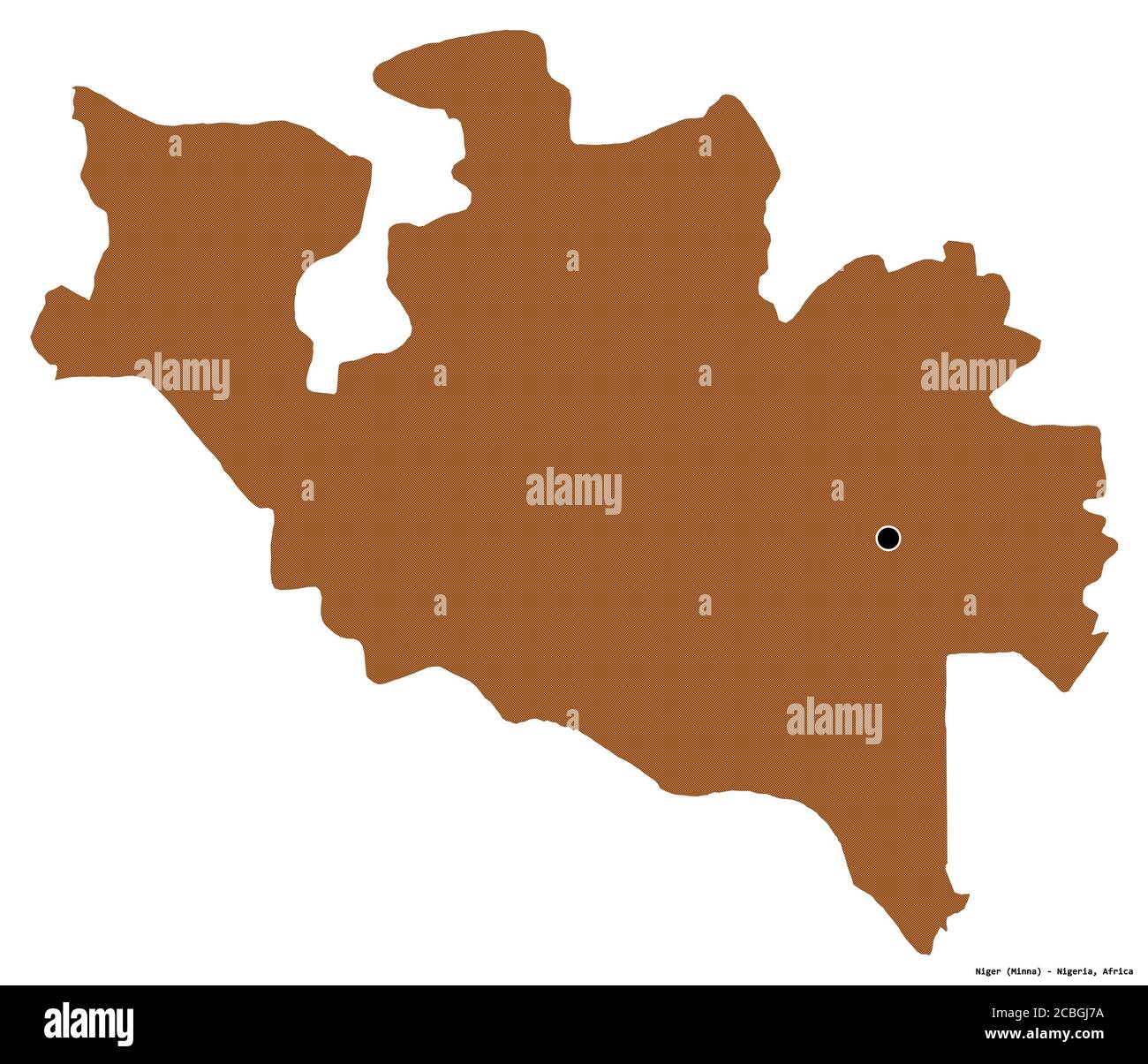 Shape of Niger, state of Nigeria, with its capital isolated on white ...