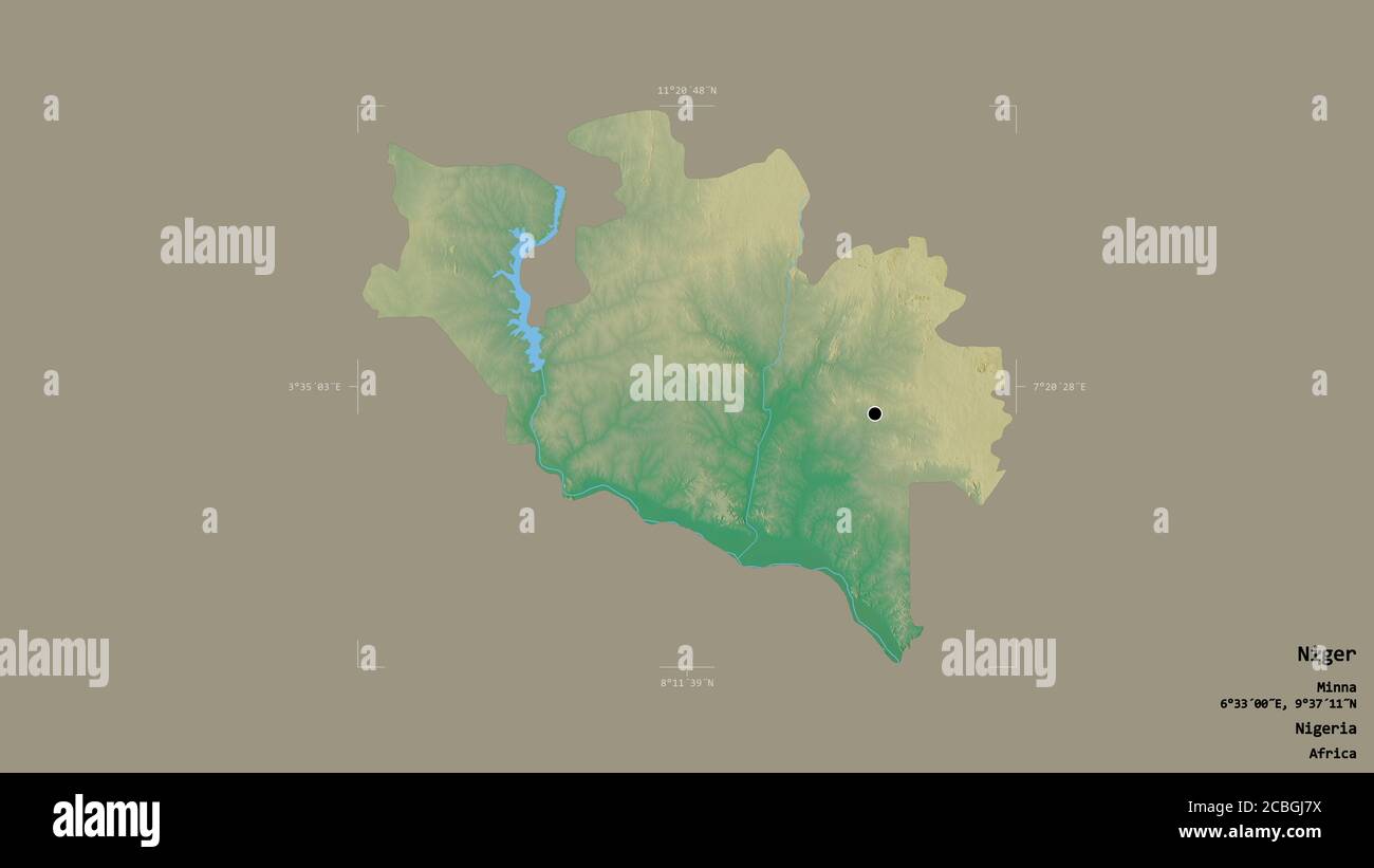 Area of Niger, state of Nigeria, isolated on a solid background in a ...