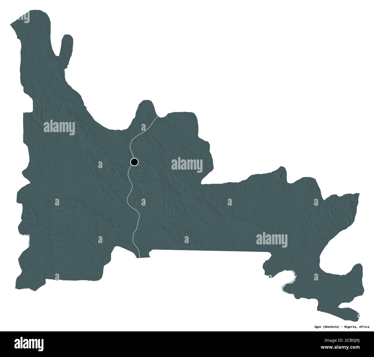 Shape of Ogun, state of Nigeria, with its capital isolated on white ...