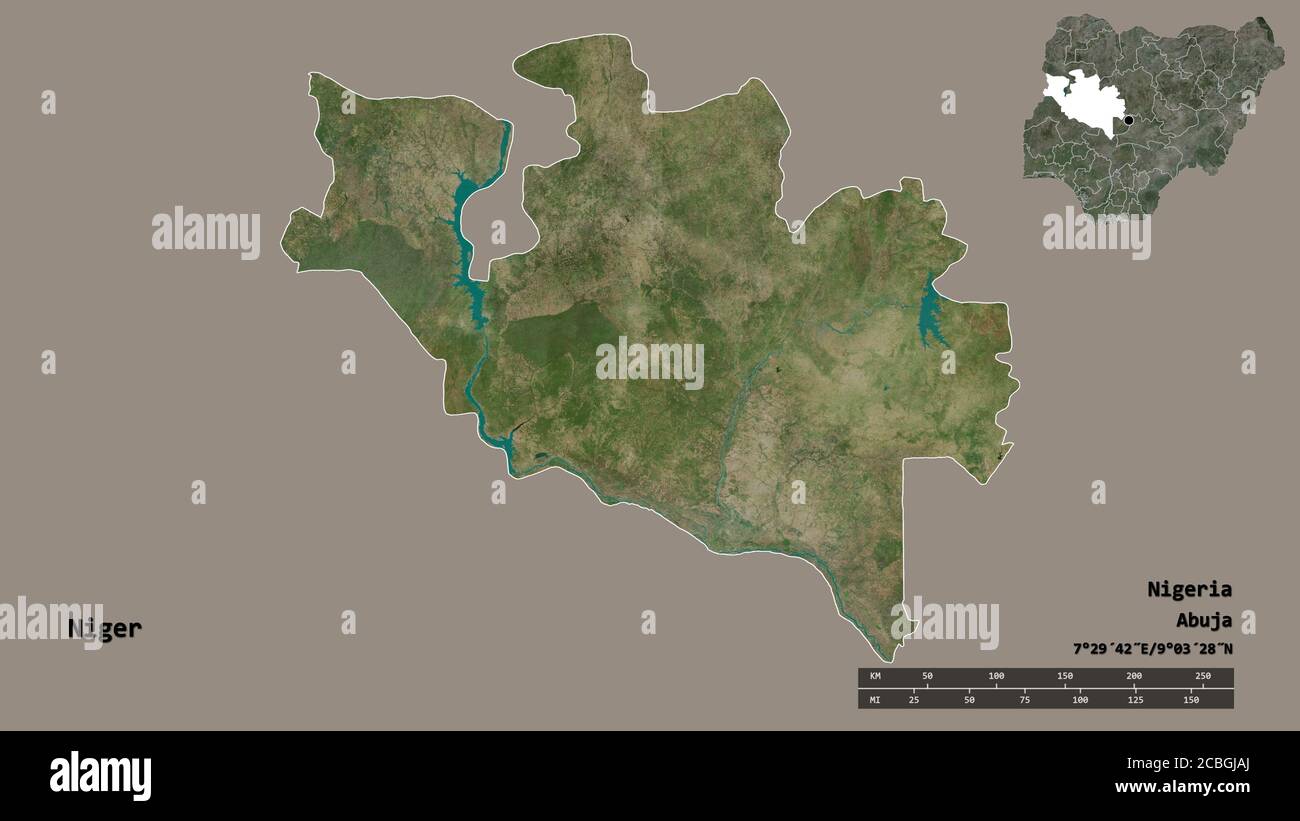 Shape of Niger, state of Nigeria, with its capital isolated on solid ...