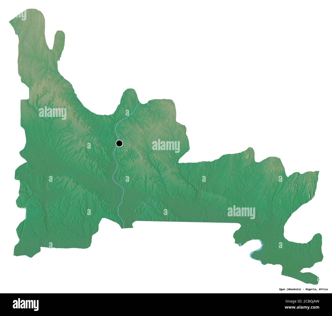 Shape of Ogun, state of Nigeria, with its capital isolated on white background. Topographic ...