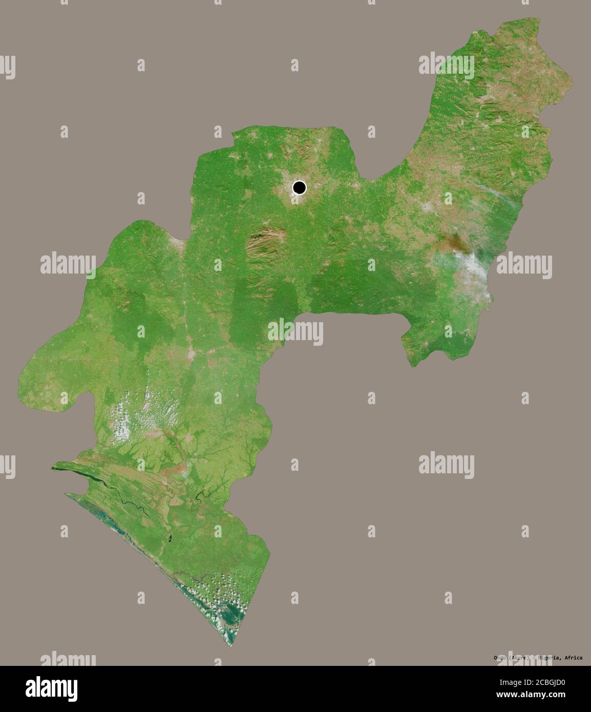 Shape of Ondo, state of Nigeria, with its capital isolated on a solid ...