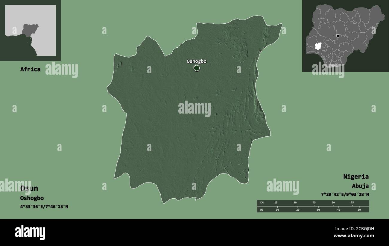 Shape of Osun, state of Nigeria, and its capital. Distance scale ...