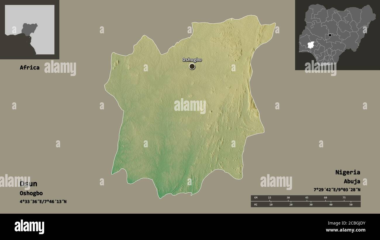Shape of Osun, state of Nigeria, and its capital. Distance scale ...