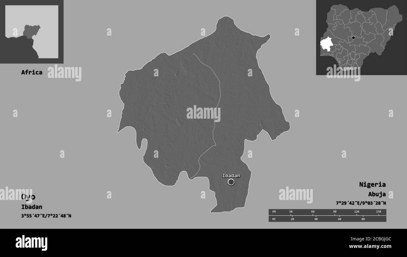 Shape of Oyo, state of Nigeria, and its capital. Distance scale ...