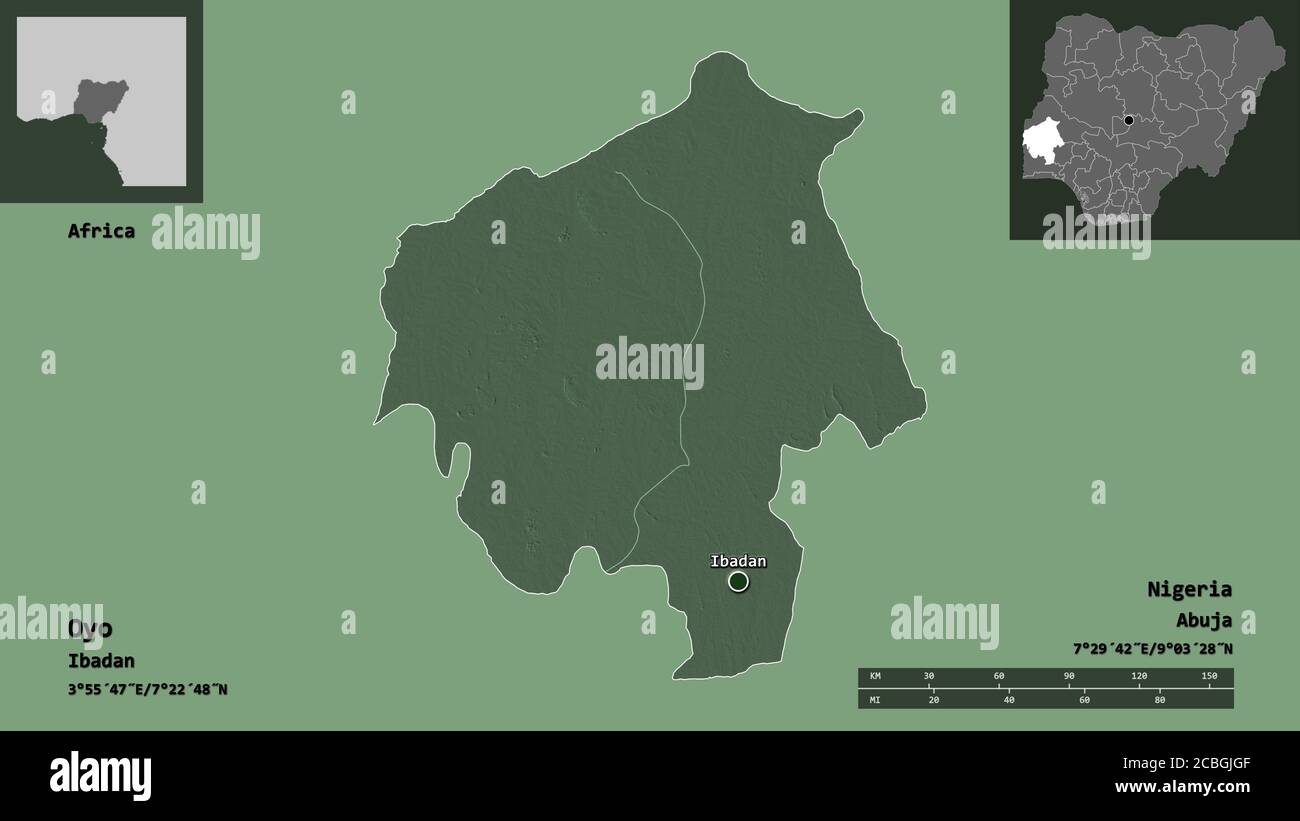 Shape of Oyo, state of Nigeria, and its capital. Distance scale ...